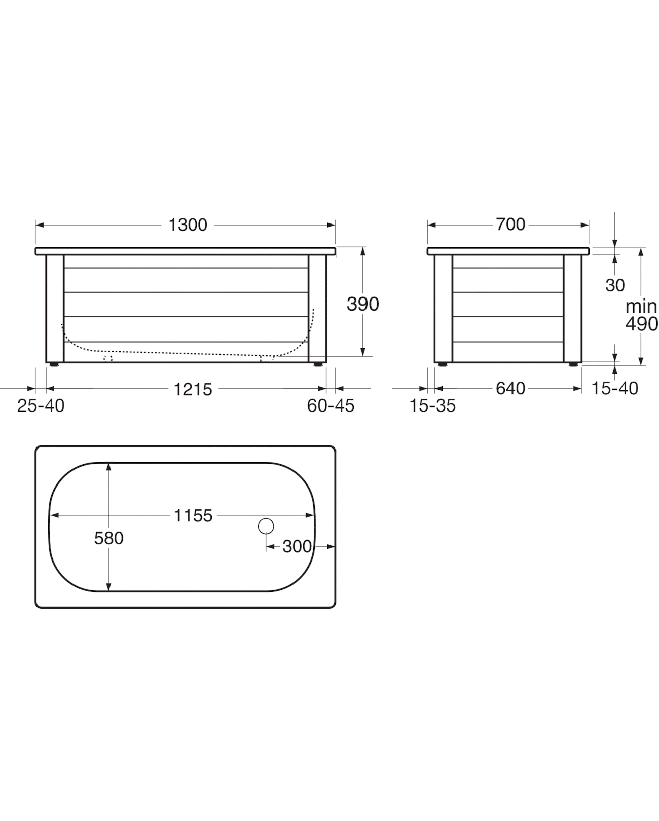 Bathtub without panels Standard - 1300x700 With holes for two grab bars ...
